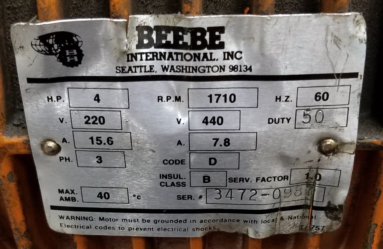 Beebe 3 Ton Chain Hoist L4E3 L4E3FHSSP 17 ft./min. 4 hp, 1710 rpm, 220/ ...