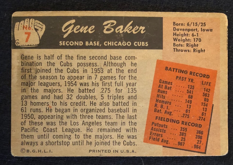 1955 Bowman Baseball Card Gene Baker #7 BV $15 VG Range CF | eBay