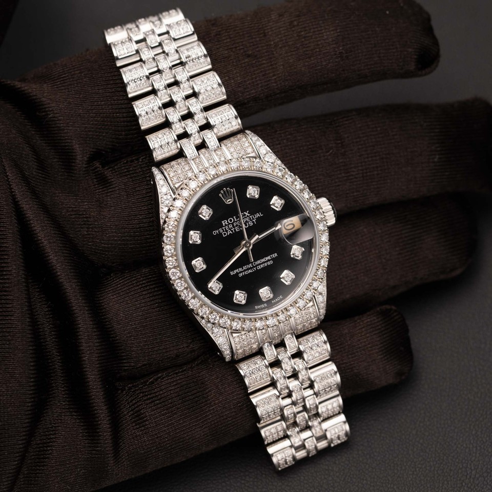 Rolex Datejust 6824 Diamond Bezel Jubilee Watch 31mm Black Dial, 6.75ct ...