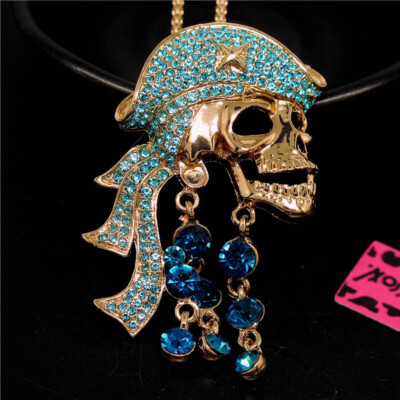 Fashion Women Bling Rhinestone Blue Pirate Skull Crystal Pendant Chain ...