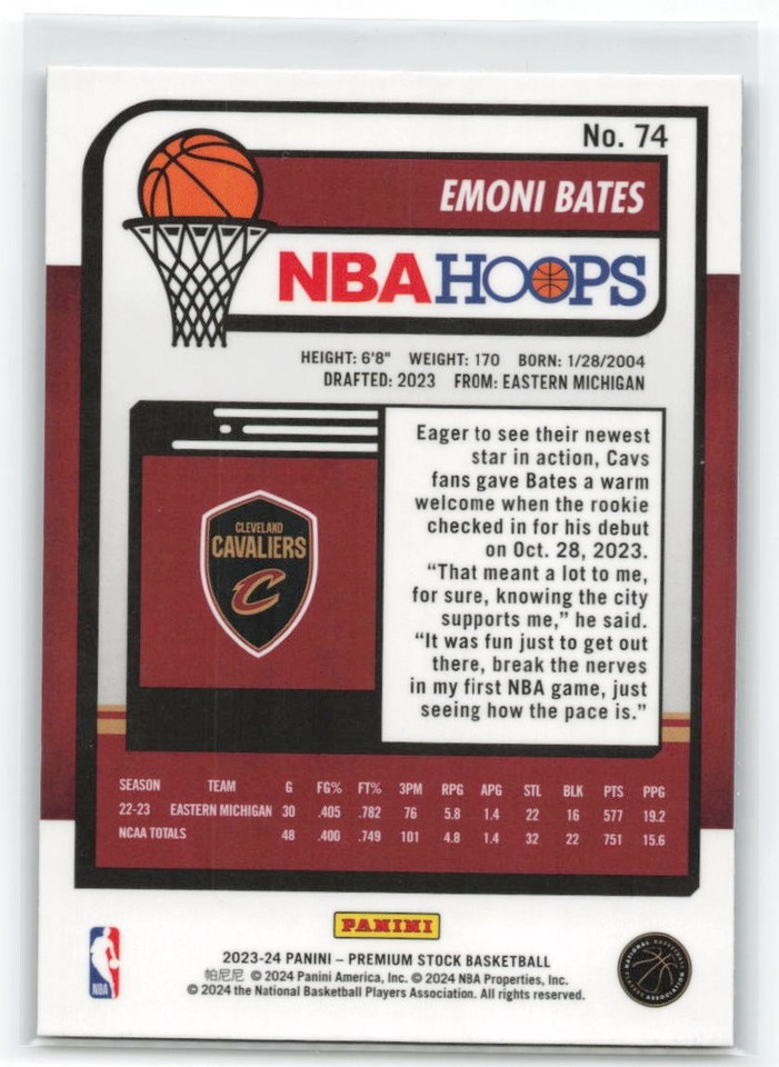 2023-24 Panini Hoops Premium Stock Emoni Bates #74 (RC) | eBay