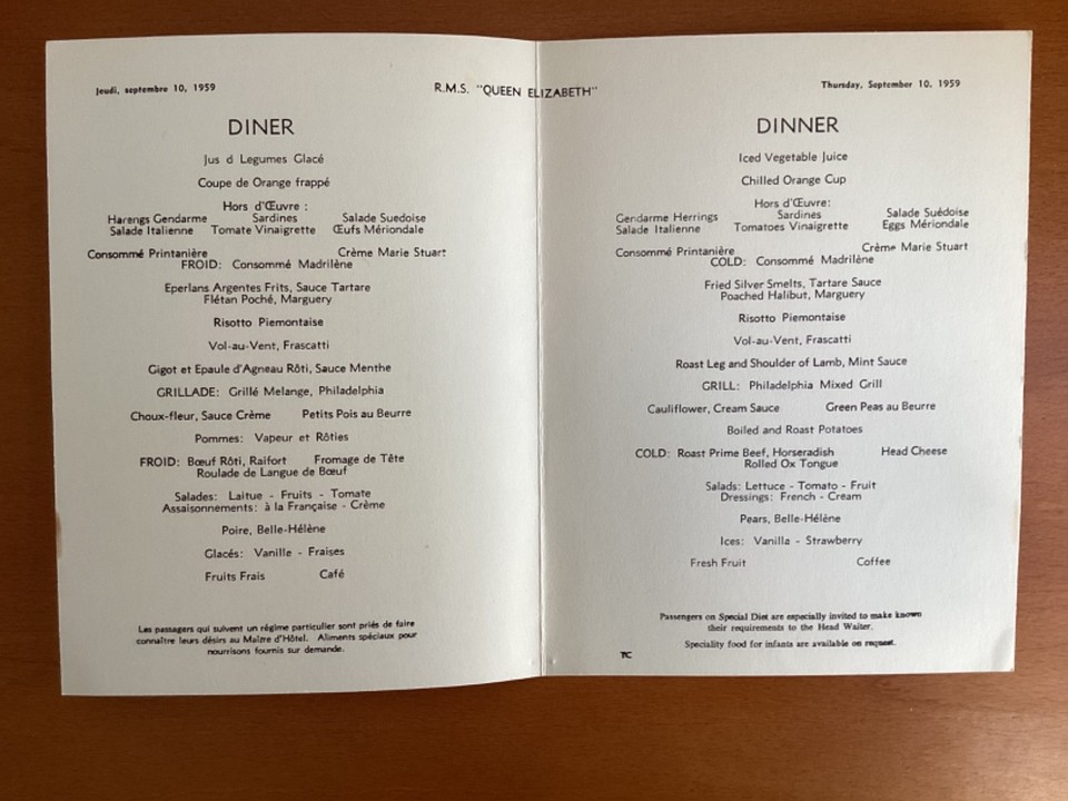 Cunard RMS Queen Elizabeth Menus (4) Sept 1959 | eBay