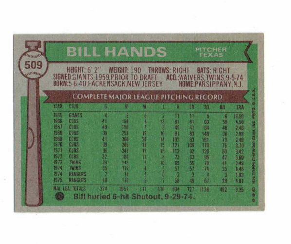Bill Hands Texas Rangers Pitcher #509 Topps 1976 #Baseball Card | eBay