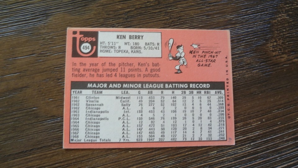 1969 TOPPS # 494 KEN BERRY BASEBALL CARD | eBay