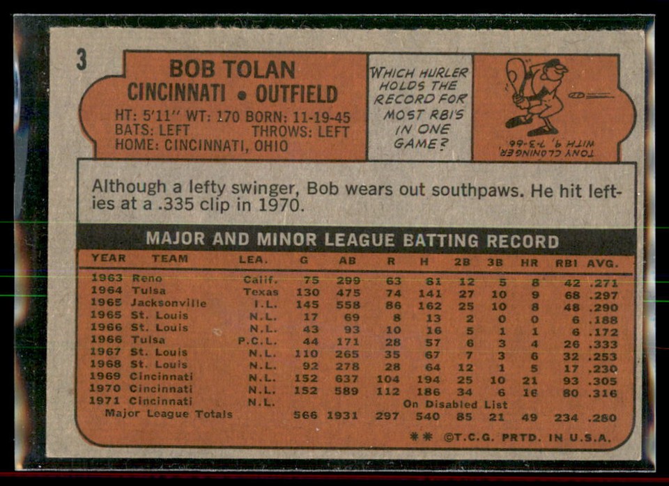 1972 Topps Bob Tolan #3 Cincinnati Reds | eBay