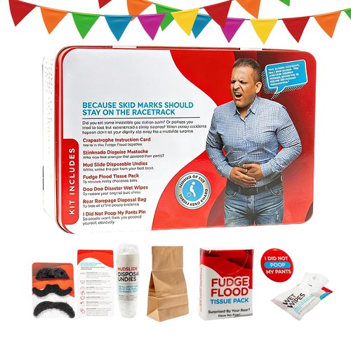 Poop Prank Survival Novelty Fake Mustaches Wet Wipes Badge Poop Prank ...