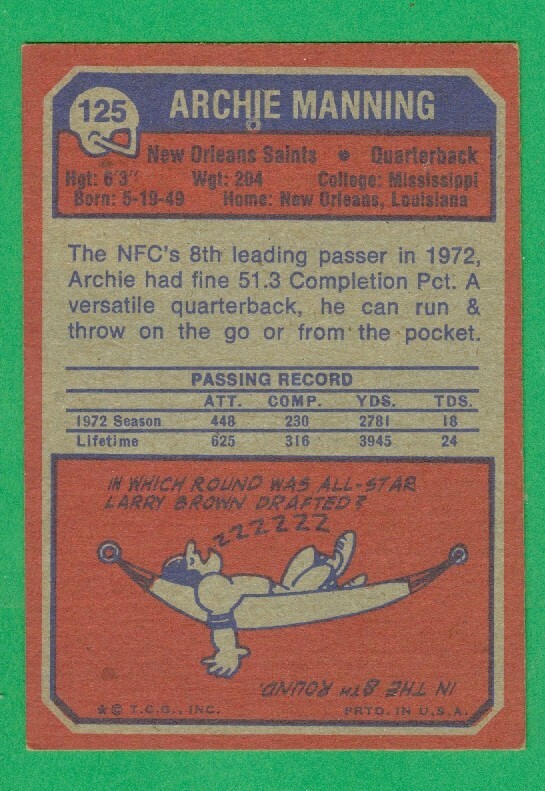1973 TOPPS #125 ARCHIE MANNING 2ND CARD NEW ORLEANS SAINTS EX | eBay