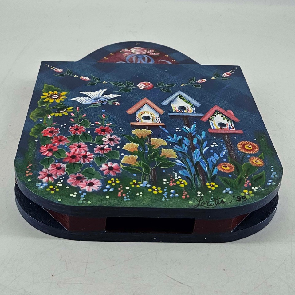 Blue Hand painted floral bird primitive small wall pocket letter holder ...