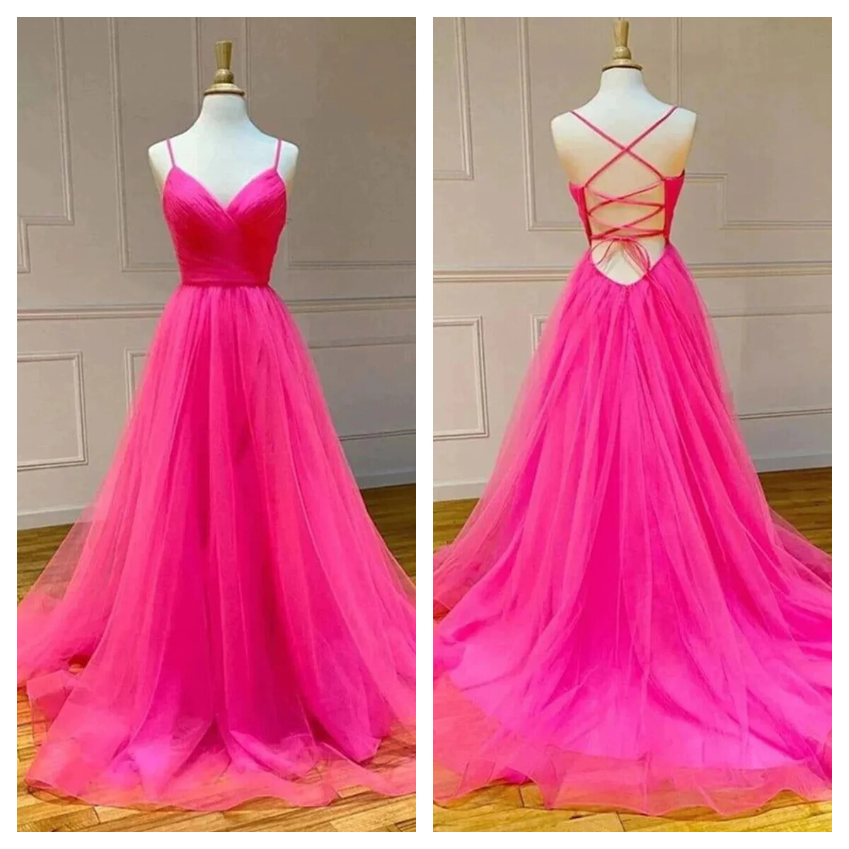 Lowime Hot Pink Open Back Long Ball Gown Tulle Prom Dress with Slit ...