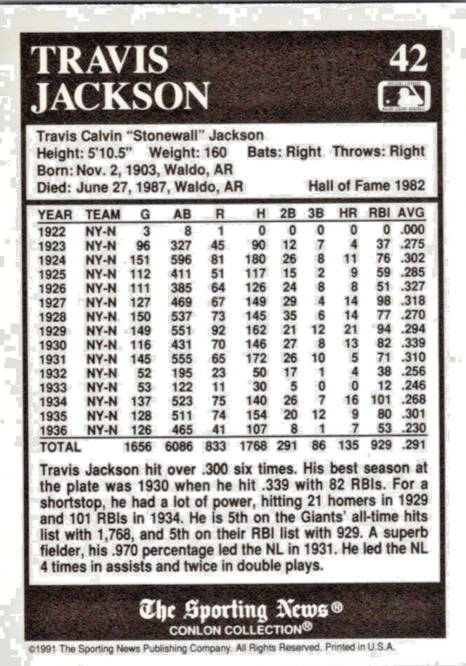 1991 Conlon Collection - The Sporting News - TRAVIS JACKSON 😎 Trading ...