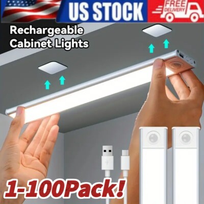 LED Motion Sensor Under Cabinet Closet Light USB Rechargeable Kitchen ...