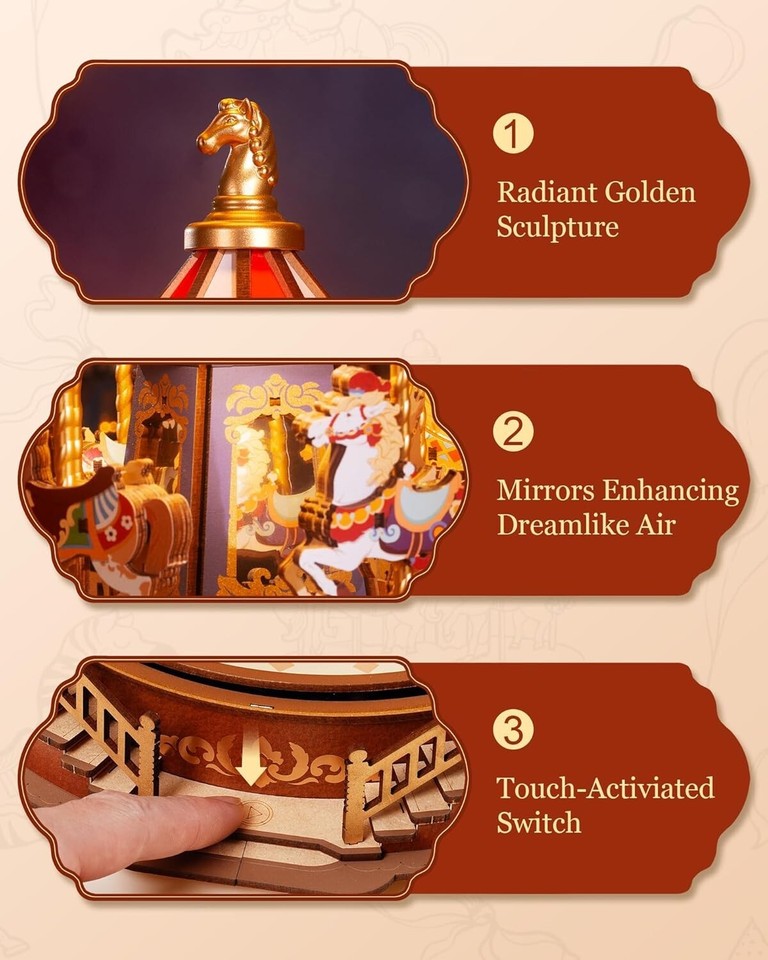 ROKR DIY Carousel Music Box with Lights Model Wooden 3D Puzzles Kit ...