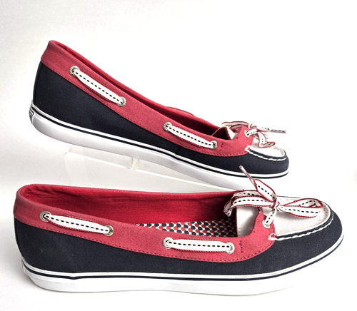 Womens Sperry Top Siders Canvas Boat Shoes White Navy Red Laces 9 1/2 ...