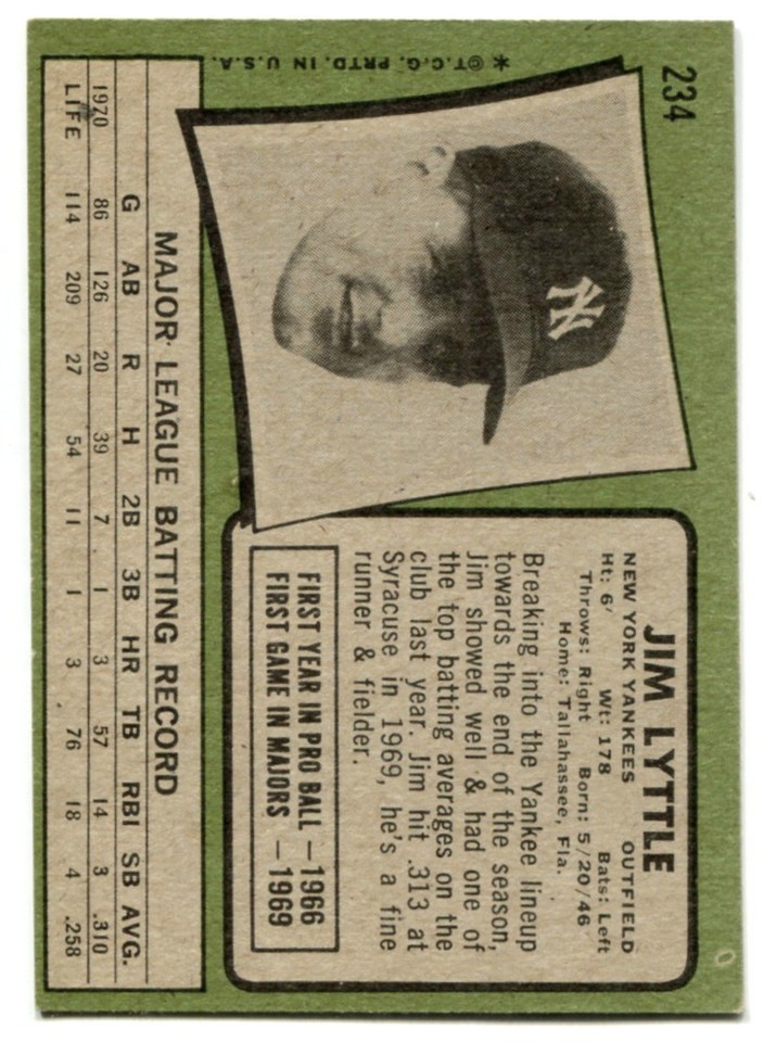 1971 Topps #234 Jim Lyttle Baseball Card - New York Yankees | eBay