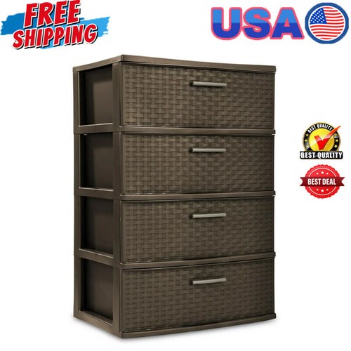 4 Drawer Wide Weave Storage Tower Closet Bedroom Cabinet Home Organizer ...