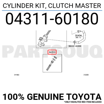 0431160180 Genuine Toyota CYLINDER KIT, CLUTCH MASTER 04311-60180 | eBay