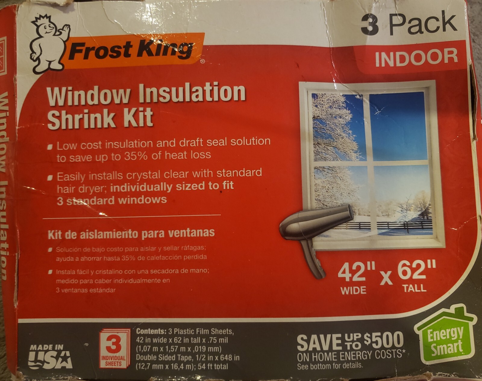Frost King Window Insulation Shrink Kit Indoor 3 Pack 42”x62” Energy ...