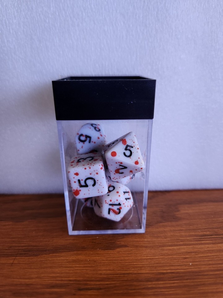 White black blood splatter Wiz 7 Dice Set Poly RPG DnD Dungeons Dragons ...