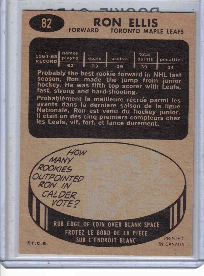 1965-66 TOPPS hockey Ron Ellis original RC rookie card #82 NM RARE ...