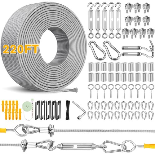 1/8" Stainless Steel Wire Rope 220ft Hanging Wire Rope Kit Vinyl Coated ...