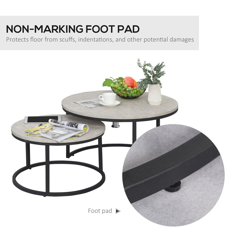 HOMCOM 2 Pcs Stacking Coffee Table Set Steel Frame, Marble Grey ...