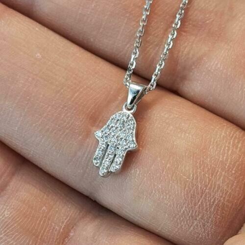 White Gold Plated 925 Silver Small Hamsa Hand Real Moissanite Pendant 0 ...