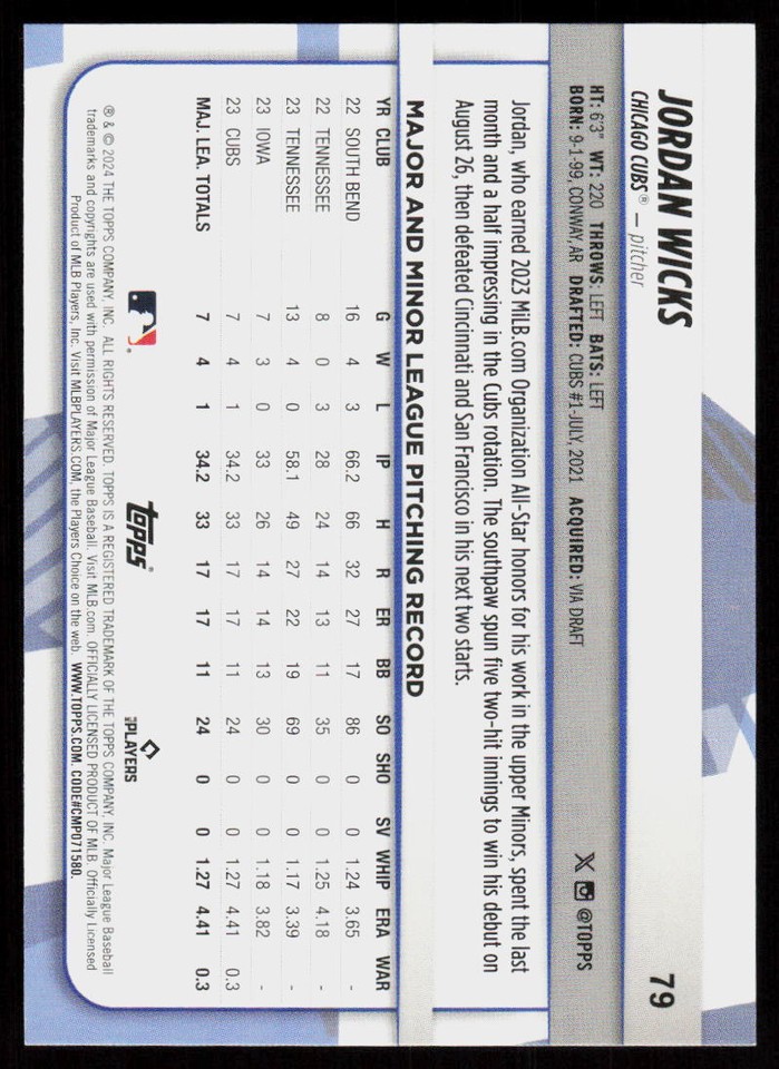 2024 TOPPS BIG LEAGUE JORDAN WICKS #79 Baseball Rookie CUBS RC | eBay
