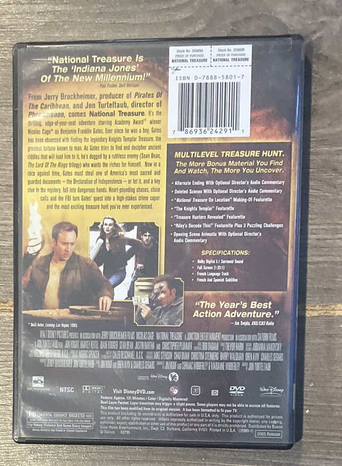 NATIONAL TREASURE DVD Nicholas Cage WALT DISNEY FULL SCREEN Inc Logbook ...
