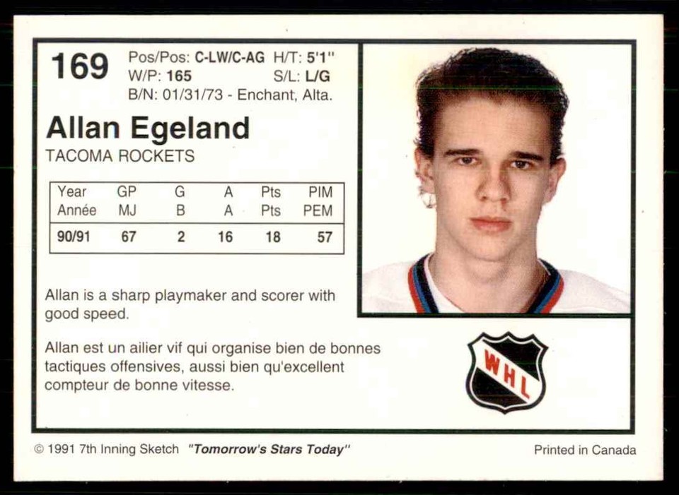 1991-92 7th Inning Sketch WHL Allan Egeland Tacoma Rockets #169 | eBay