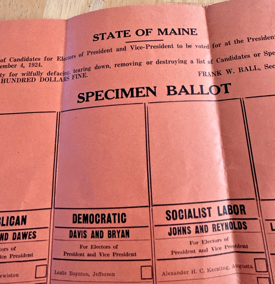 1924 Maine Presidential Election Sample Specimen Ballot | eBay