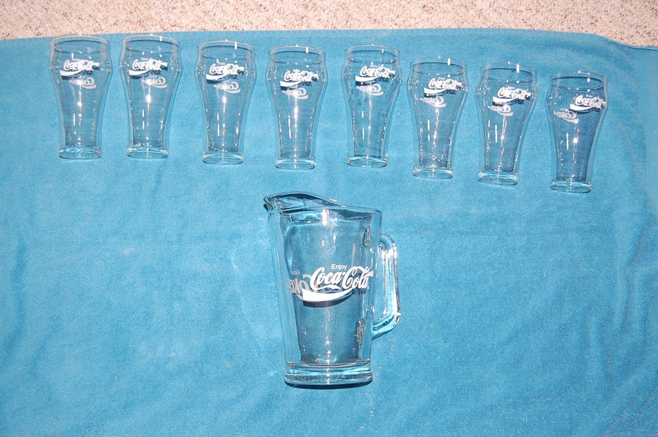 Vintage 9 Pc Coke/Coca-Cola 16 oz Bell-Shaped Clear Glasses & Pitcher ...