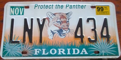 FLORIDA PROTECT THE PANTHER LICENSE PLATE # LNY 434 | eBay