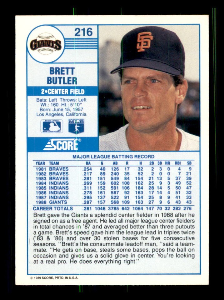 1989 Baseball 1989 Score Brett Butler San Francisco Giants #216 1 | eBay