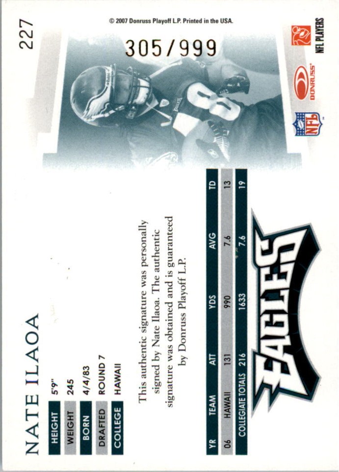 2007 Donruss Threads #227 Nate Ilaoa RC Auto Rookie Card #d/999 - NM-MT ...