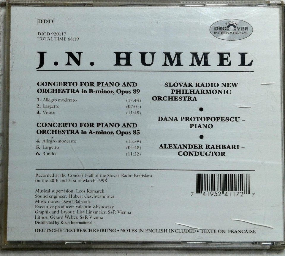 J.N. Hummel Piano Concertos Op. 85 & 89 CD 1993 Slovak Radio Orchestra ...