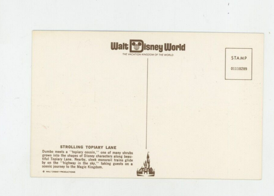 Vintage Postcard DISNEY STROLLING TOPIARY LANE WITH DUMBO UNPOSTED | eBay
