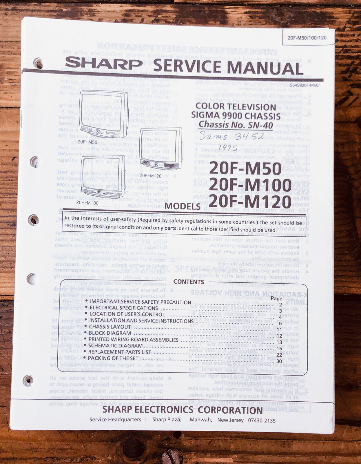 Sharp 20F-M50 -M100 -M120 TV Service Manual *Original* | eBay