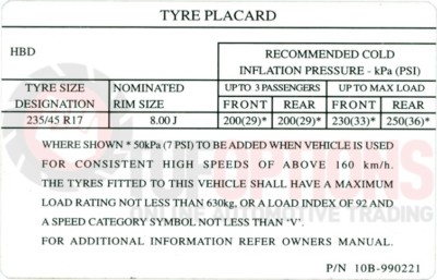Commodore VN to VZ 17 Inch 235/45R17 630kg "V" Rated HSV Tyre Placard ...