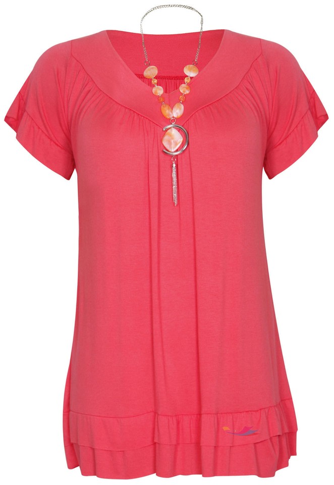 Womens FRILL NECKLACE GYPSY Tunic Short Sleeve Long ladies V Neck Tops ...
