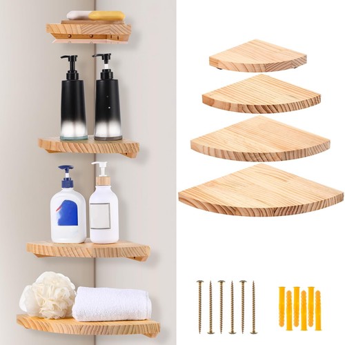 Wooden Corner Shelves Set of 4 Floating Wall Shelves Rustic Round End ...
