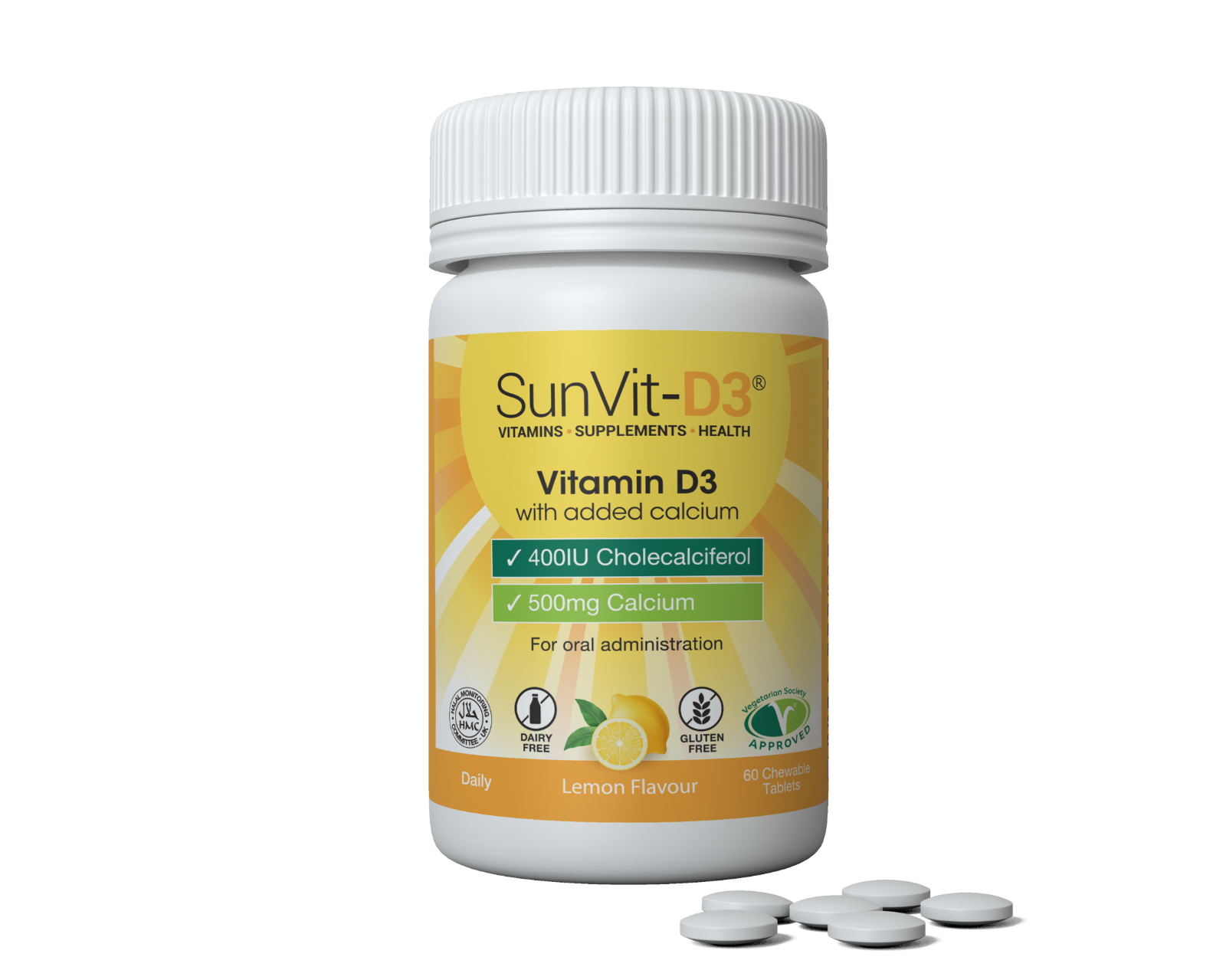 400iu Vitamin D3 Chewable Tablet Pot, 60 500mg Zesty Lemon Tablets ...