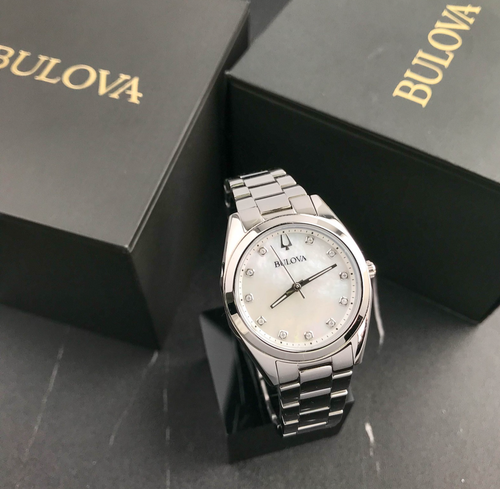 Bulova Surveyor Ladies 96P228 Silver Tone Mother-of-Pearl Dial Steel ...