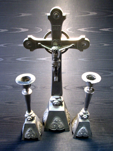 Antique Crucifix Shrine German Christian Export Pewter Cross Jesus INRI ...