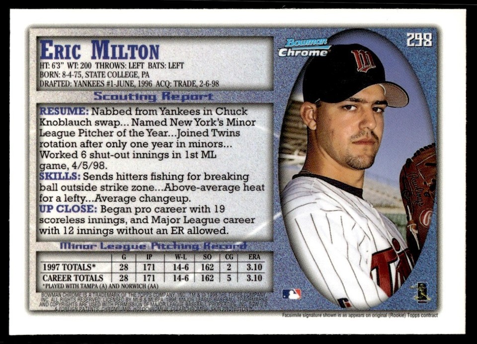 1998 Bowman Chrome Eric Milton Rookie Minnesota Twins #298 | eBay