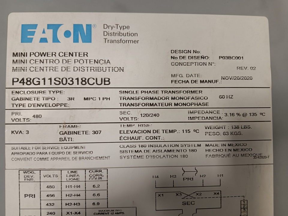 New Eaton P48G11S0318CUB 3 KVA Mini Power Center 3R 480V Pri 120/240V ...