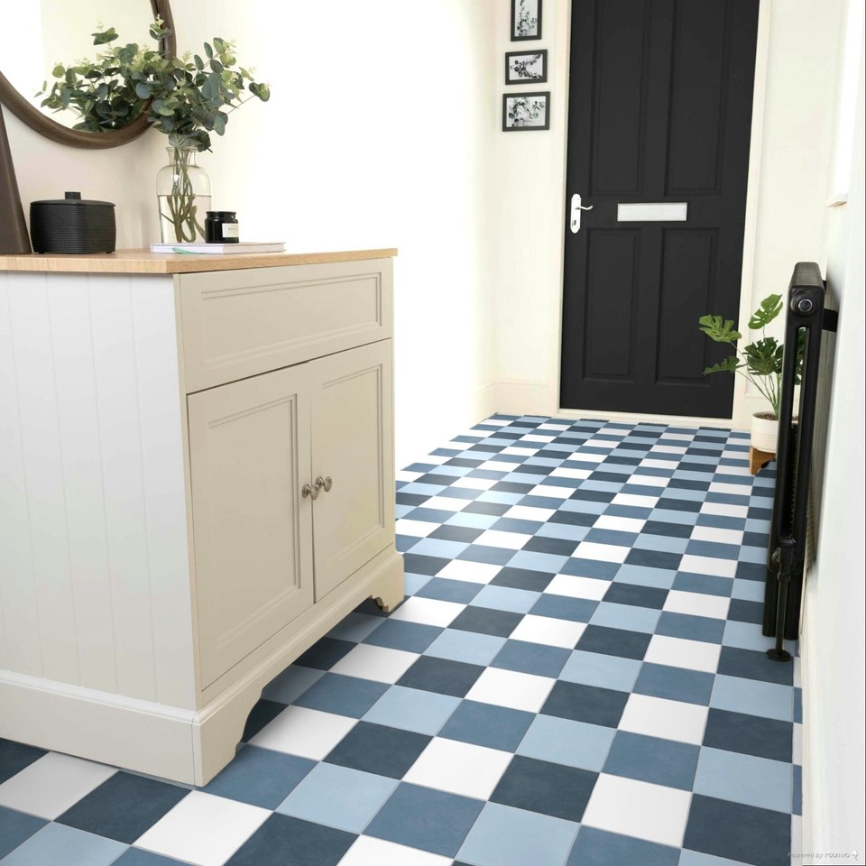 Blue & White Checkerboard Sheet Vinyl Flooring Lino Roll in Tile Effect ...