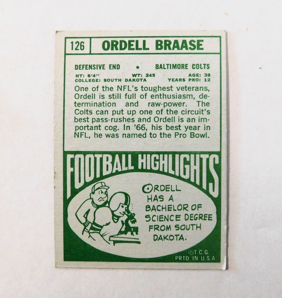 1968 TOPPS #126 Ordell Braase Baltimore Colts Football Card | eBay