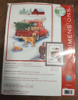 Dimensions Winter Ride 14 Count Aida Farm Truck Christmas Tree Puppies ...