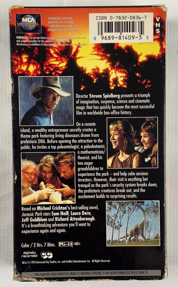 Jurassic Park VHS video 1993 Steven Spielberg Dinosaur Sam Neill Laura ...