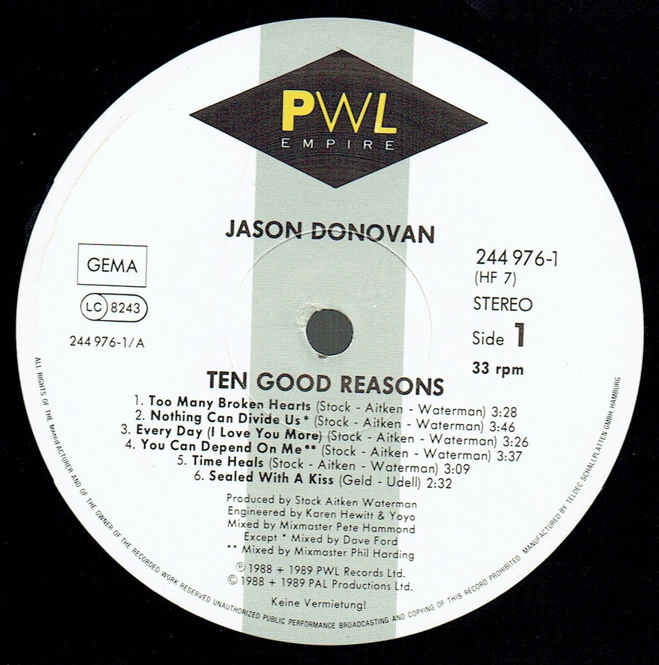 Vinyl, LP - Jason Donovan – Ten Good Reasons - Too Many Broken Hearts ...